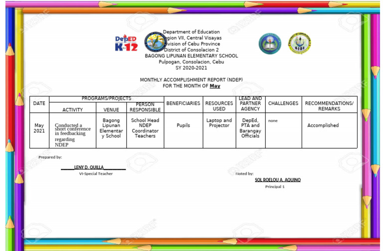 May 2021 NDEP Report - Bagong Lipunan School | PDF