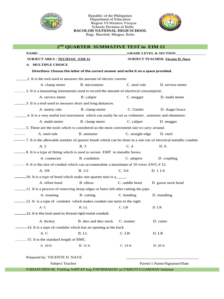 2ND QTR Summative Test Eim 12 (2022) | PDF | Manufactured Goods | Equipment