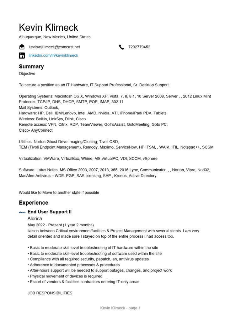 Resume Kevin Klimeck Updated | PDF | Desktop Computer | Computer Architecture