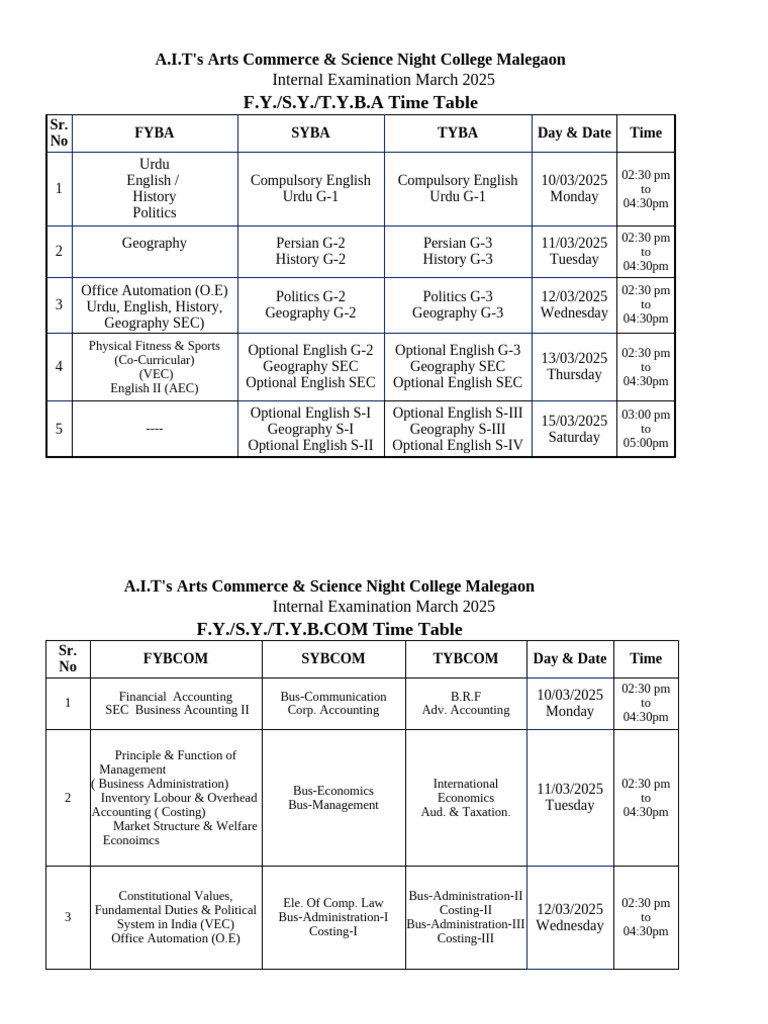 Internal Time Table Bsc 2024-25 | PDF