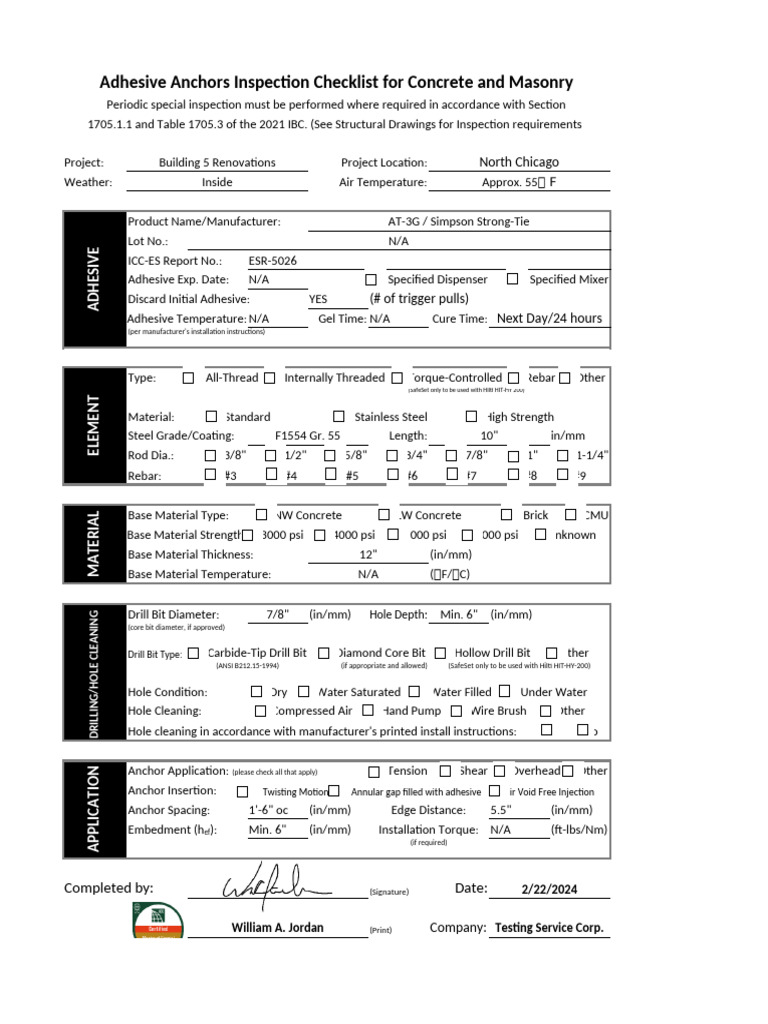 Adhesive Anchors Inspection Checklist | PDF | Drill | Industrial Processes