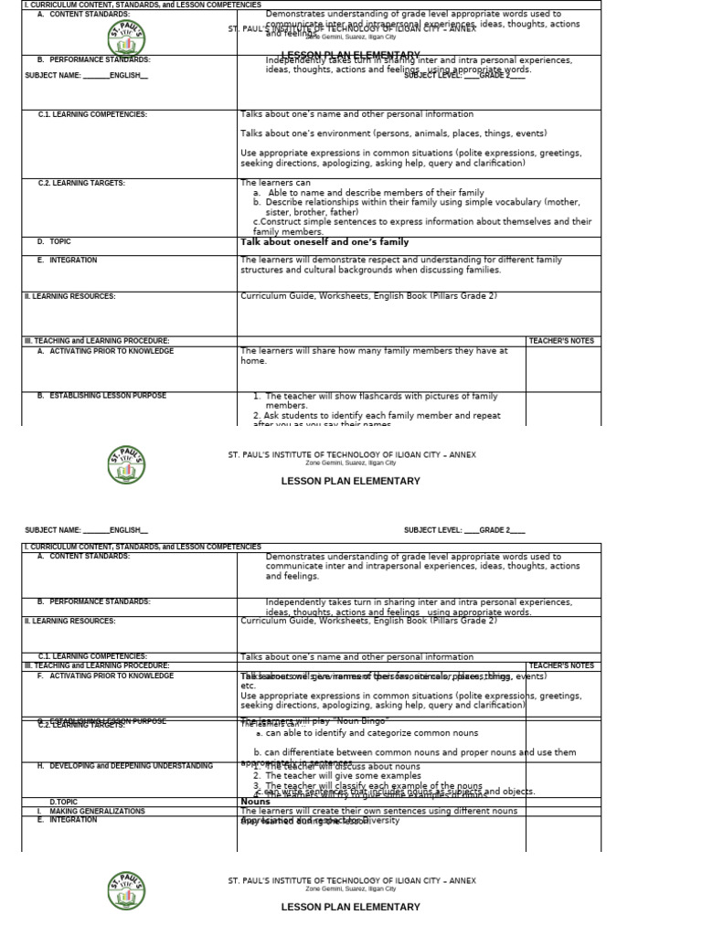 Lesson Plan English Grade 2 | PDF | Lesson Plan | Learning