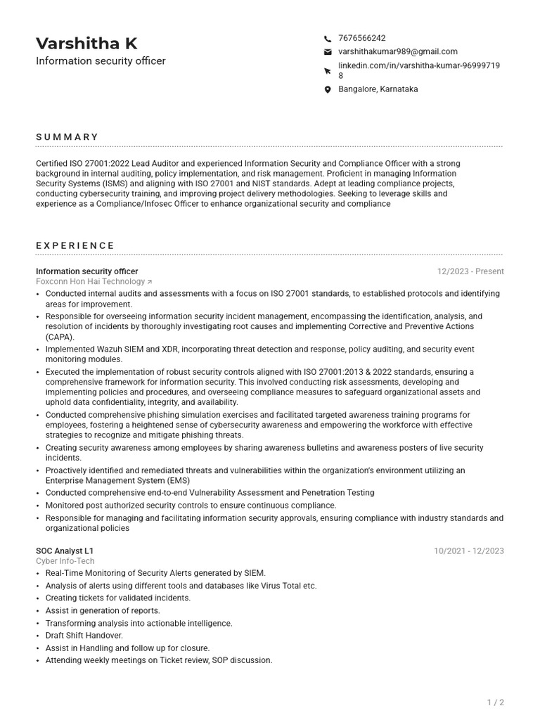ISO 27001 Certified InfoSec Officer Resume | PDF | Computer Security ...
