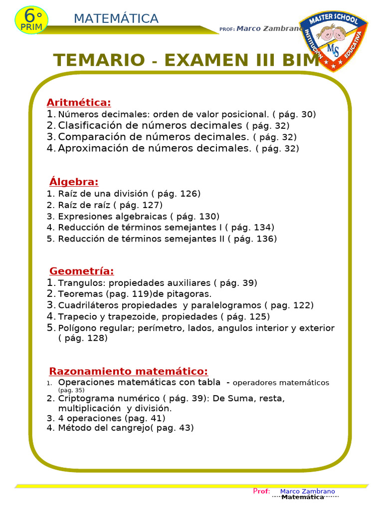 Temario Examen Matemáticas 6° Primaria | PDF