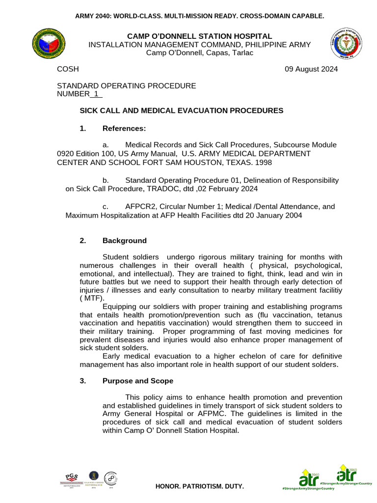 Army Sick Call and Evacuation SOP | PDF | Hospital | Patient