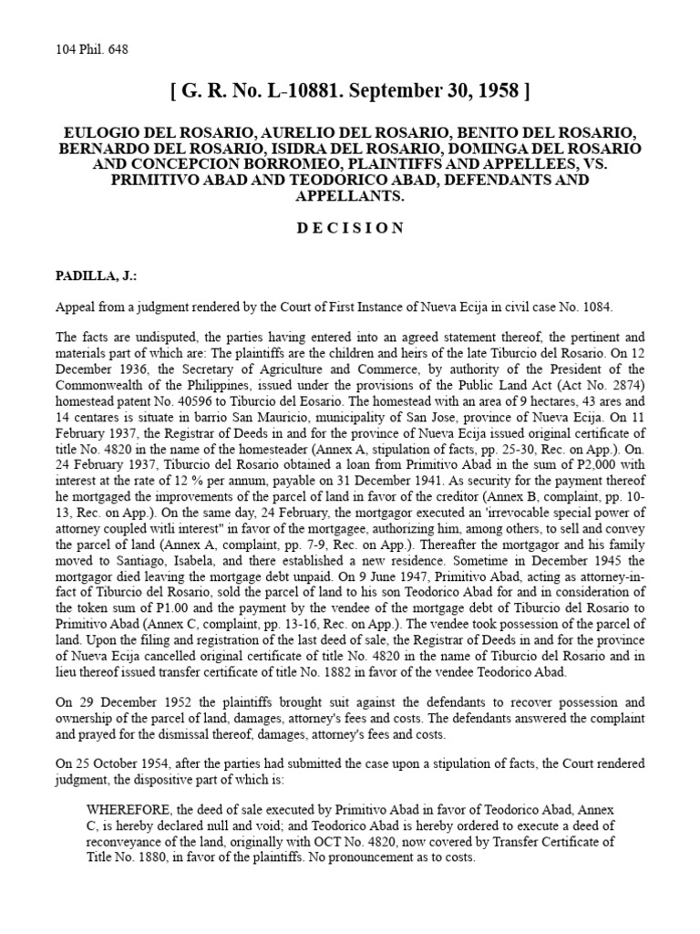 143 Del Rosario v. Abad, 104 Phil. 648 | PDF | Mortgage Law | Common Law
