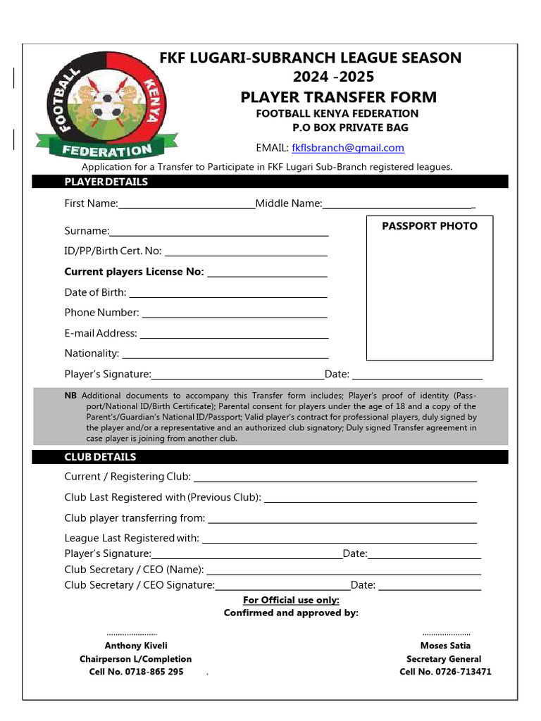 FKF Lugari Players Transfer Form... | PDF