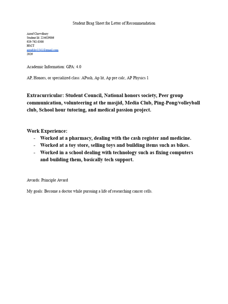 Student Brag Sheet For Letter of Recommendation | PDF