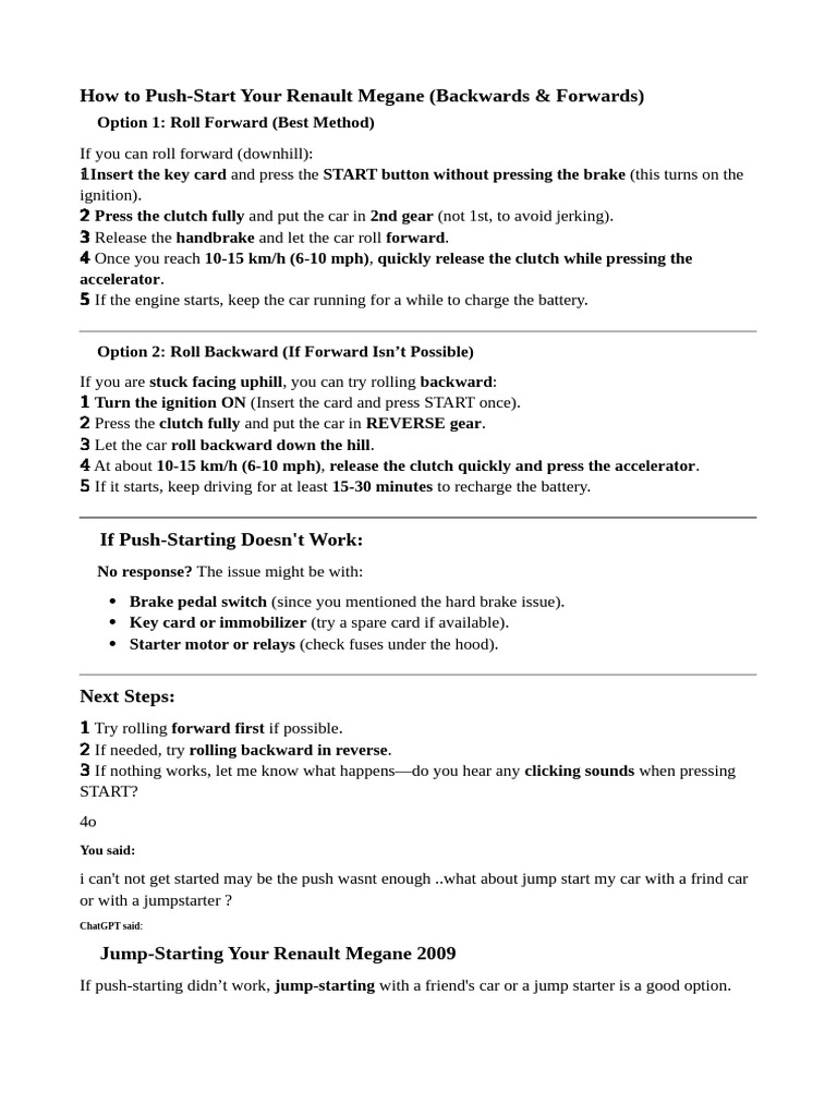 Push-Starting a Renault Megane Guide | PDF