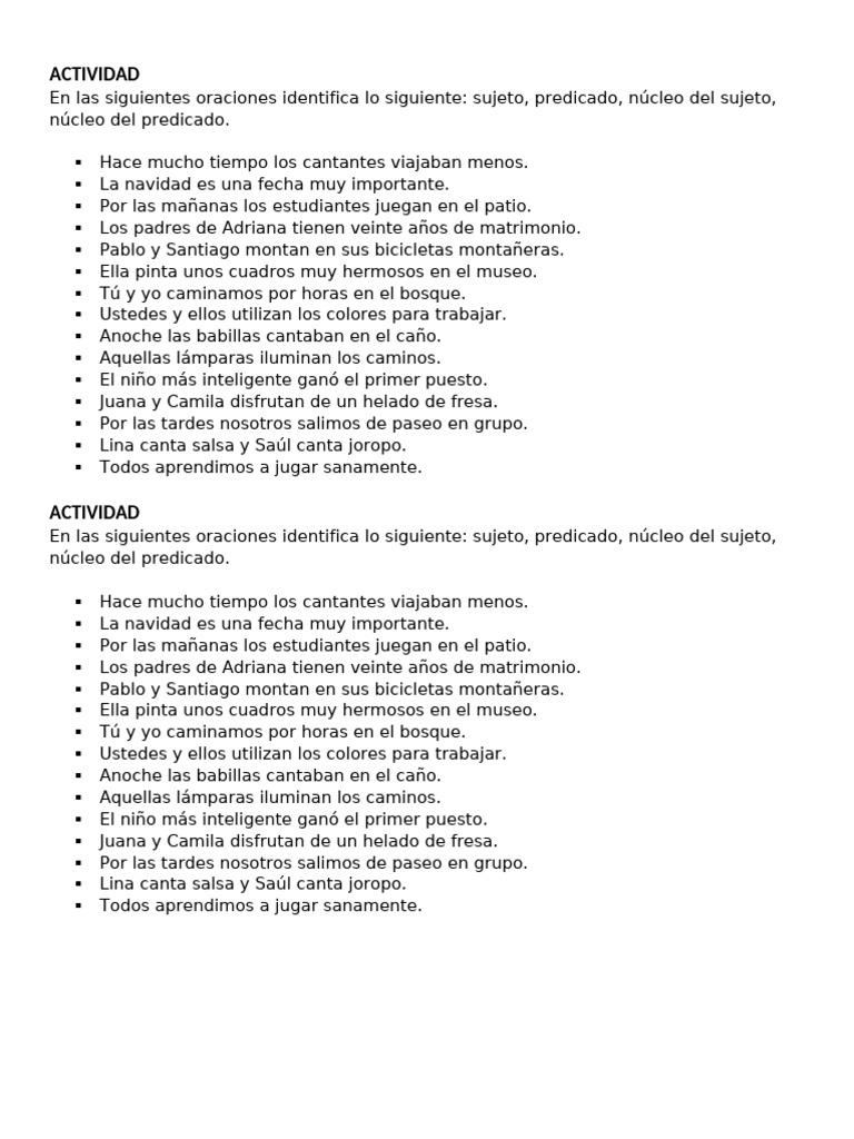 Ejercicios de Sujeto y Predicado | PDF