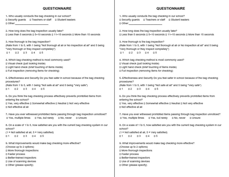 Bag Checking Questionnaire | PDF
