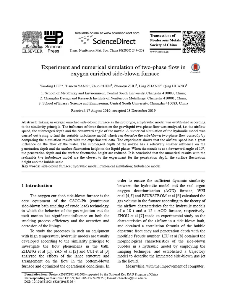 Experiment and numerical simulation of two-phase flow in oxygen enriched side-blown furnace ...