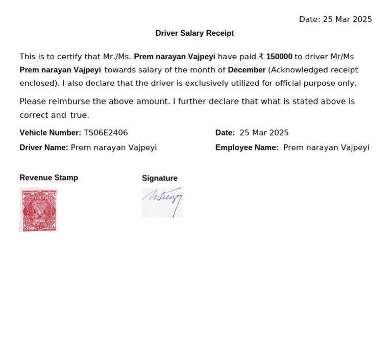Driver Salary Receipt for Reimbursement | PDF