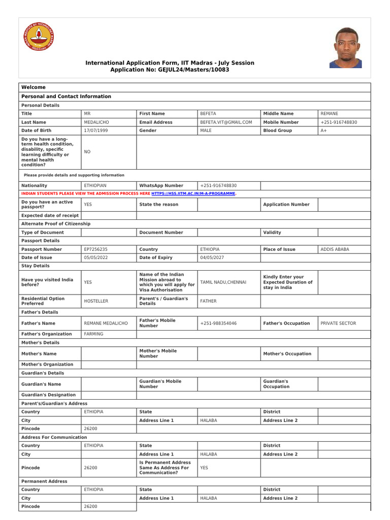 IIT Madras International Application Form | PDF | Graduate Record ...