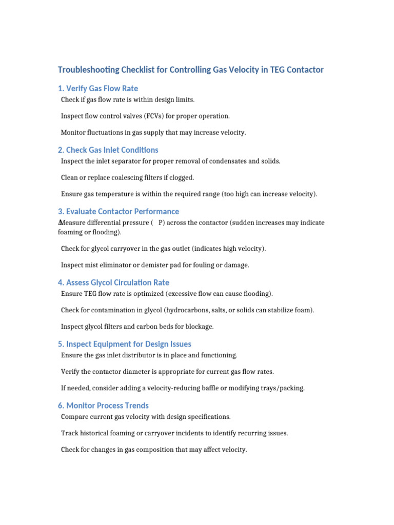 TEG Contactor Gas Velocity Troubleshooting Checklist | PDF
