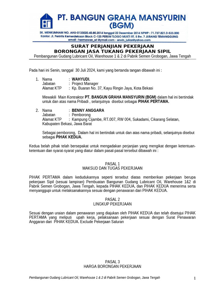 SURAT PERJANJIAN KERJASAMA MANDOR BGM | PDF