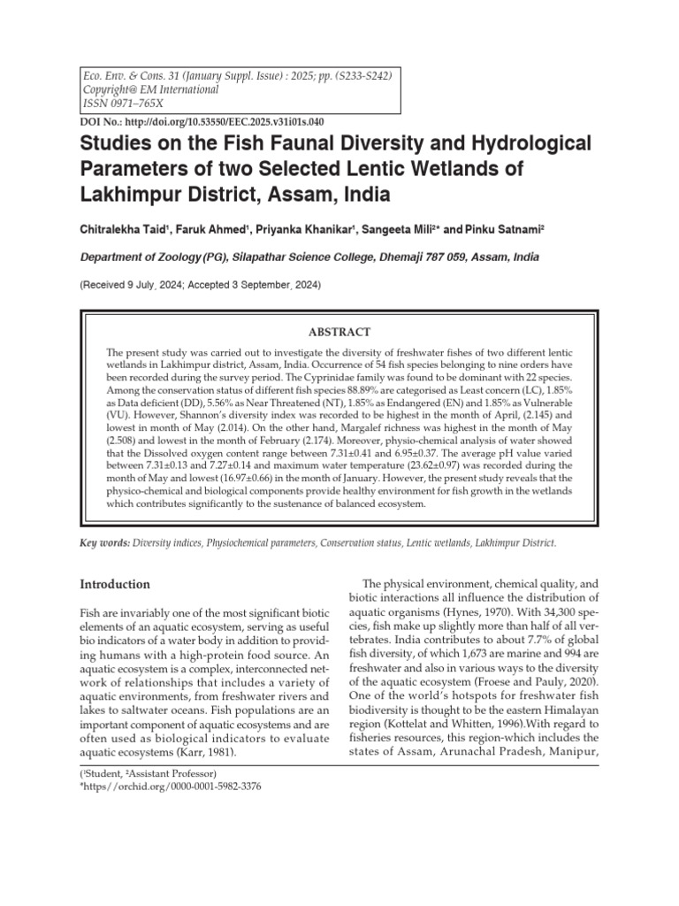 Studies on the Fish Faunal Diversity and Hydrological Parameters of two ...