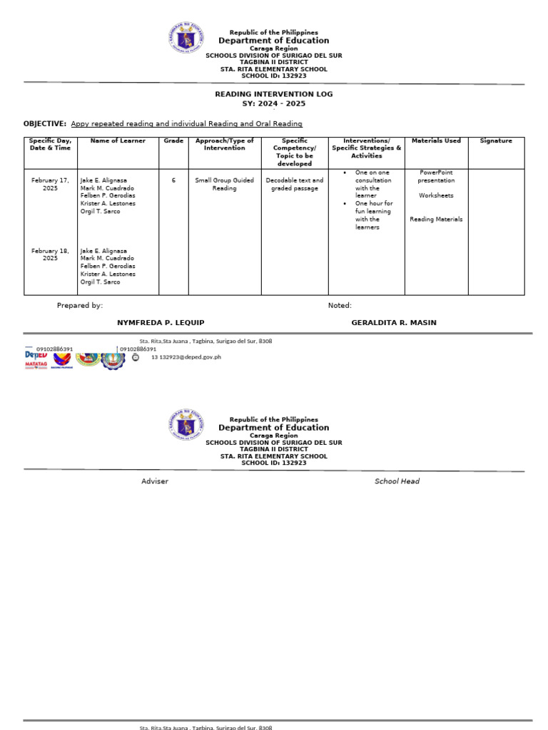 Reading Intervention Log Template | PDF | Pedagogy | Applied Linguistics