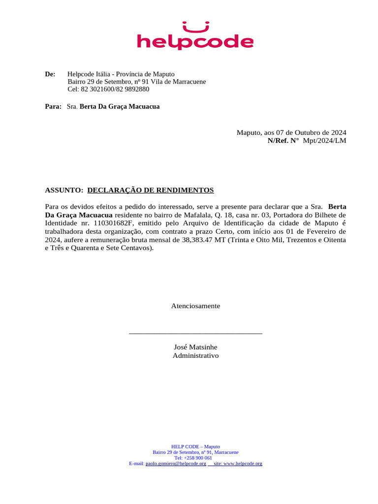 DECLARACAO DE RENDIMENTOS - Modelo | PDF