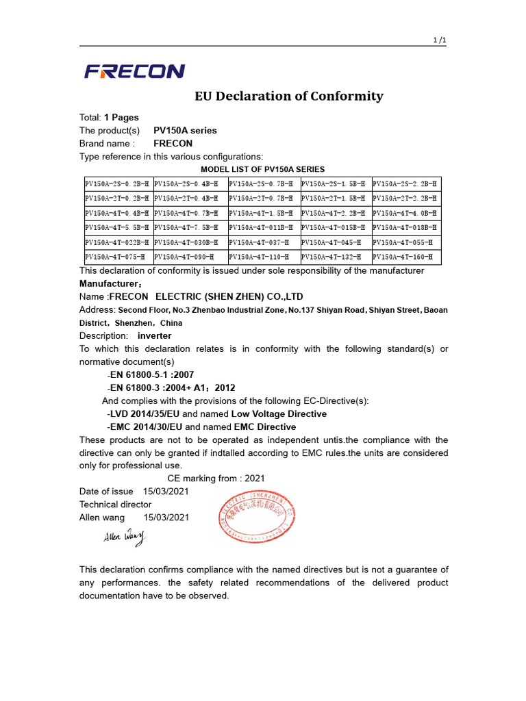 EU Declaration of Conformity for PV150A Inverters | PDF