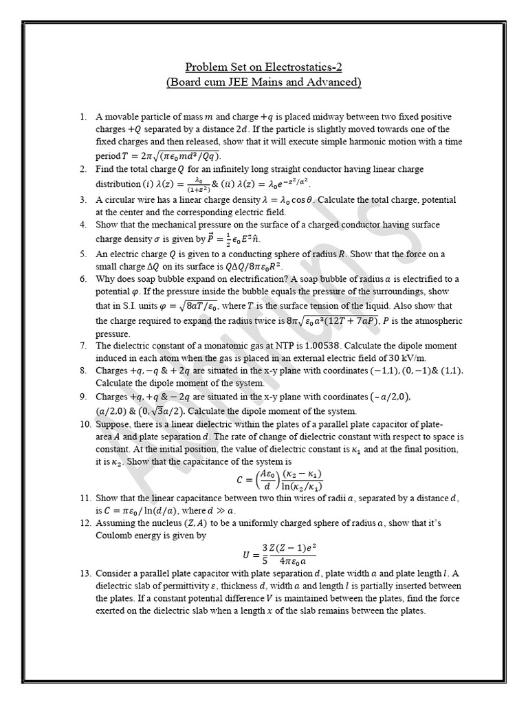 Problem Set On Electrostatics-2 (For Boards and JEE Mains and Advanced) | PDF | Capacitor ...