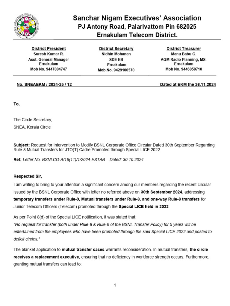 Letter To CS SNEA Reg LICE JTO Mutual Transfer | PDF | Business