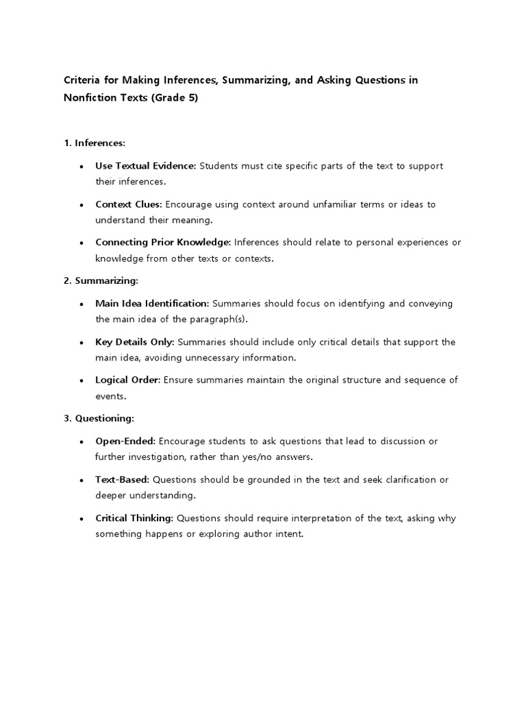 Criteria For Grade 5 Reading Comprehension Skills | PDF