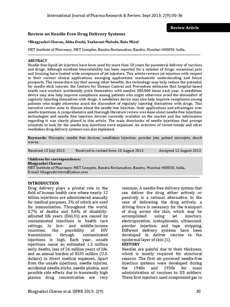 Review On Needle Free Drug Delivery Systems | PDF | Injection (Medicine ...