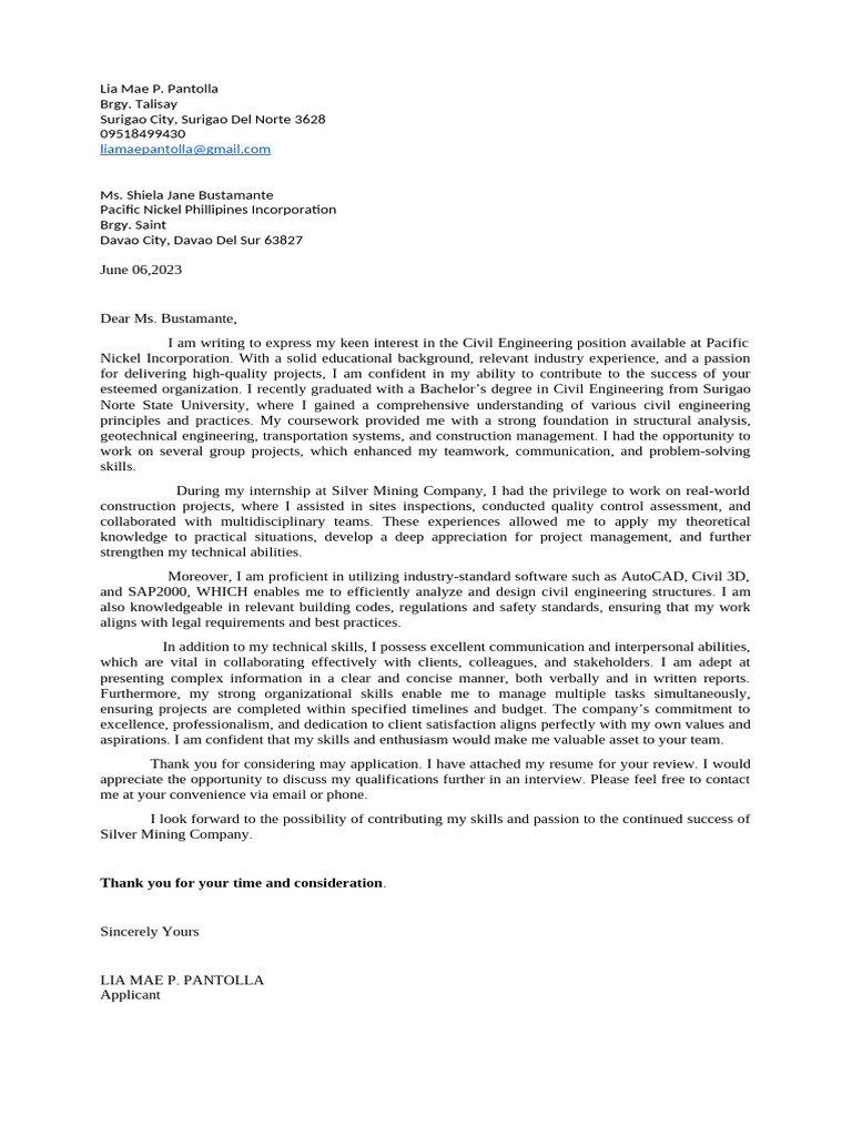Application Letter - Lia Mae | PDF | Engineering | Civil Engineering