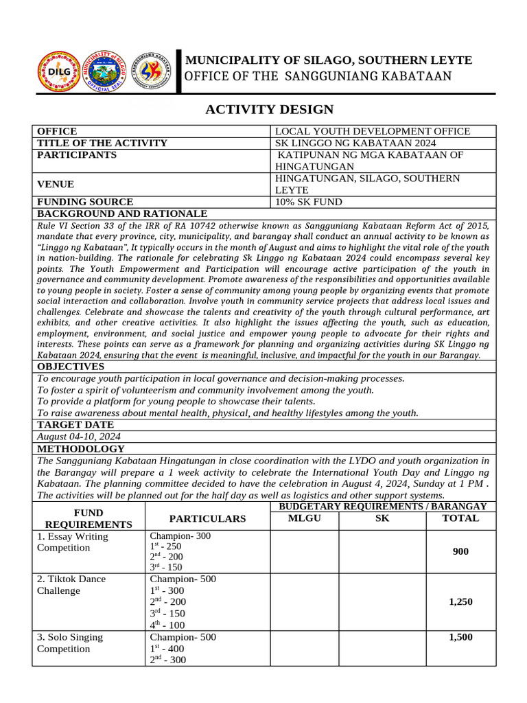 Linggo NG Kabataan Activity Design 2024 - 112953 | PDF