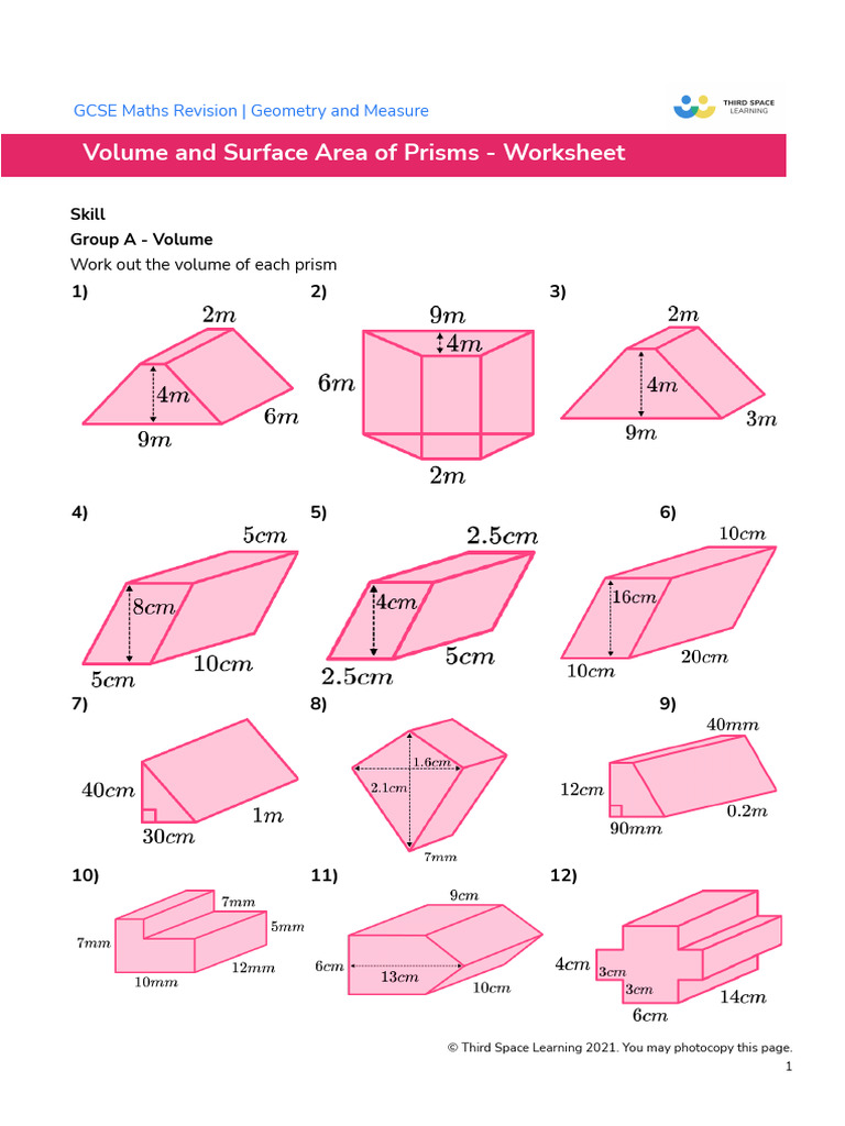 Prisms: Volume and Surface Area Worksheet | PDF | Volume | Area