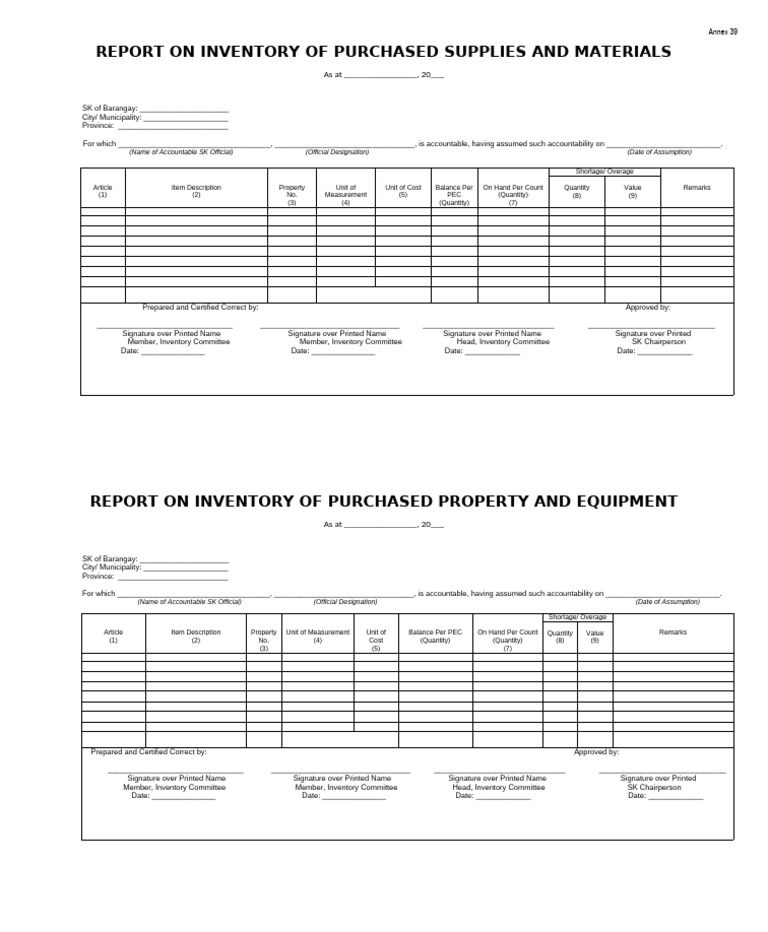 INVENTORY OF PROP. EQUIP. SUPP MAT. Sangguniang Kabataan | PDF ...