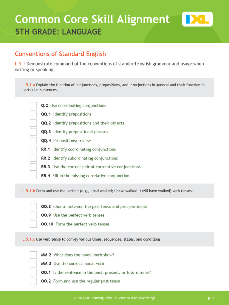 5th Grade Language Skills Overview | PDF | Verb | Grammatical Tense