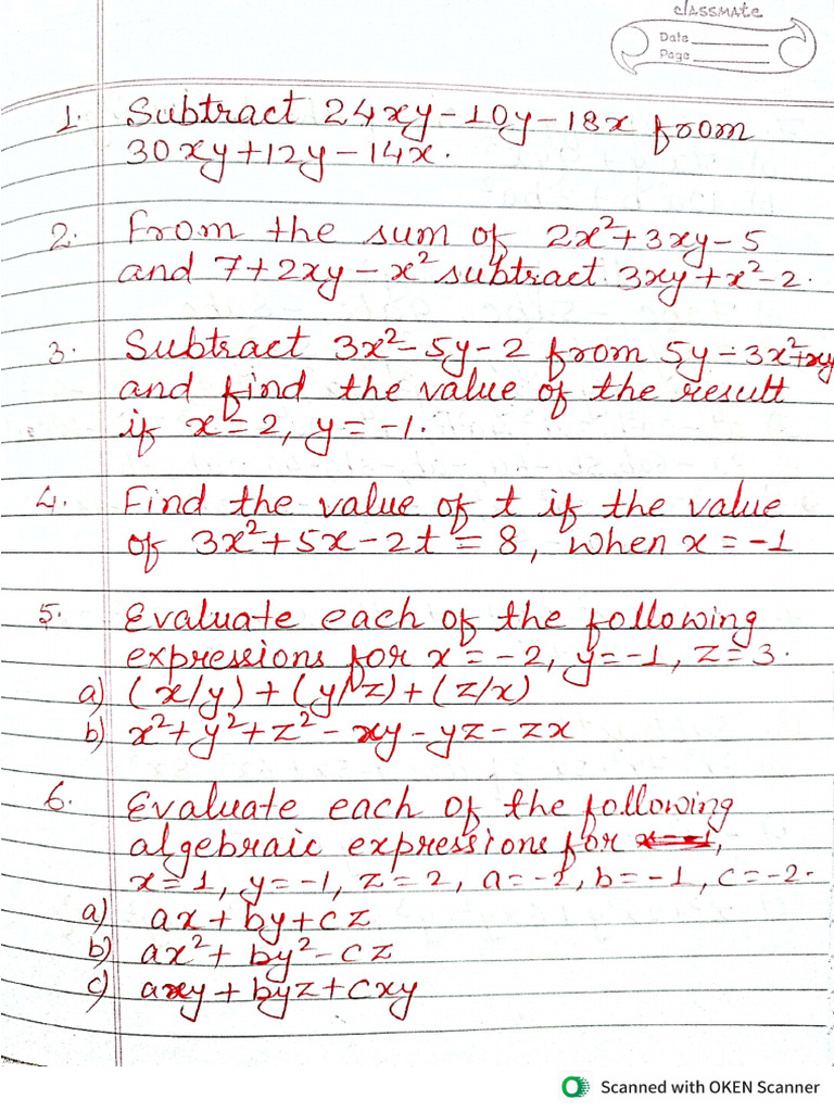 Questions From Algebraic Expressions For Class 7 | PDF