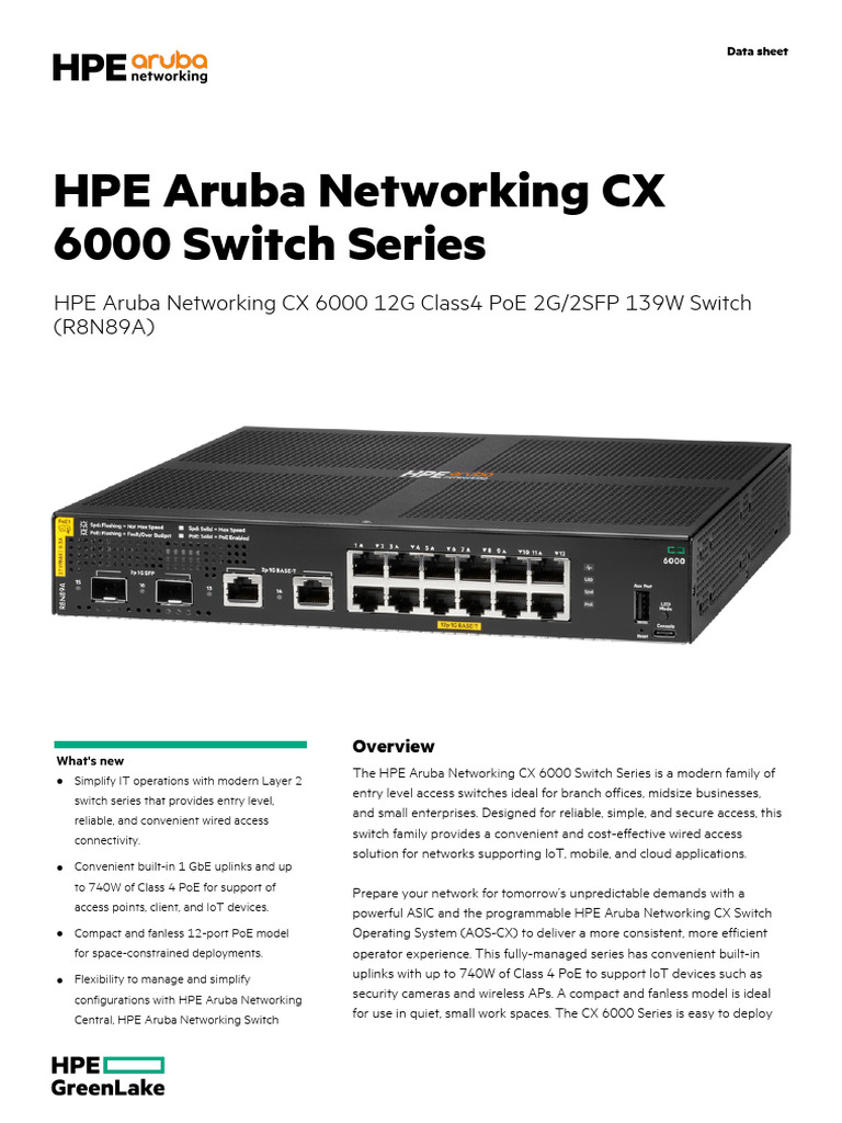 HPE Aruba Networking CX 6000 12G Class4 PoE 2G2SFP 139W Switch Data ...
