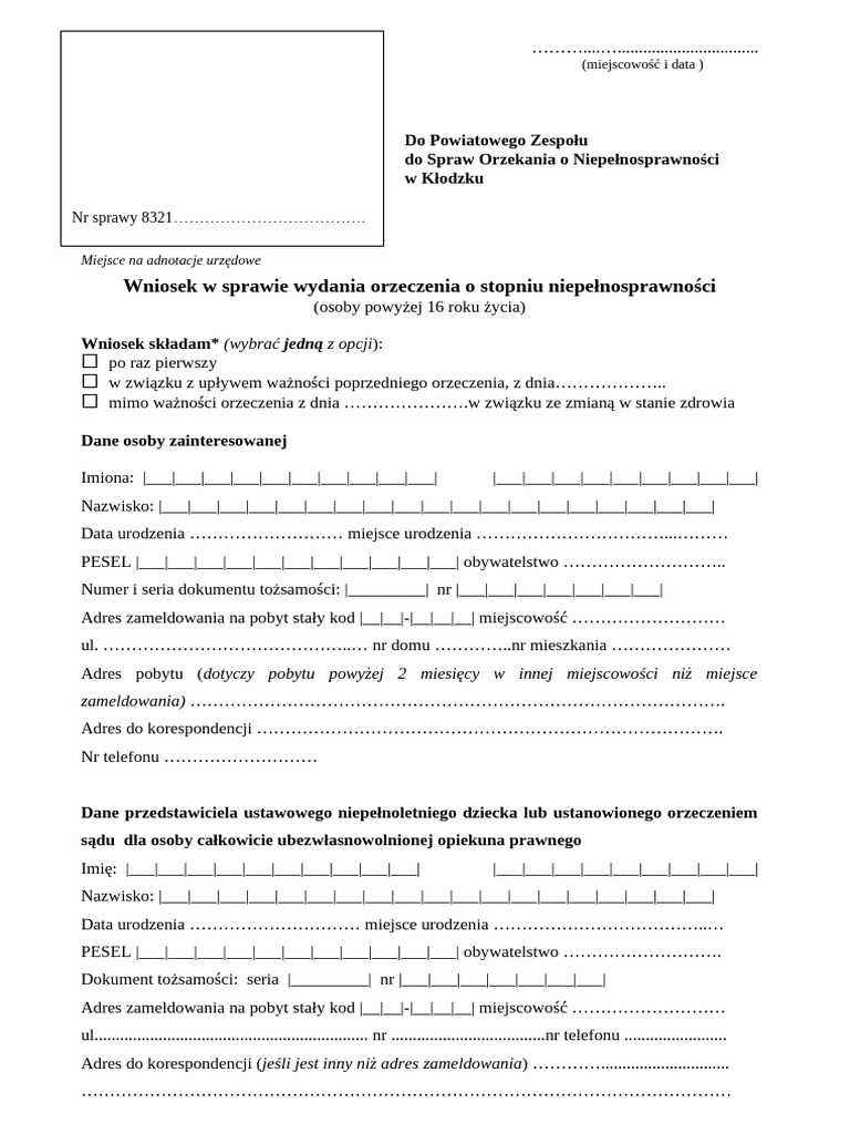 Wniosek o Wydanie Orzeczenia o Stopniu Niepełnosprawności (Dot. Osób Powyżej 16 Roku Życia) | PDF
