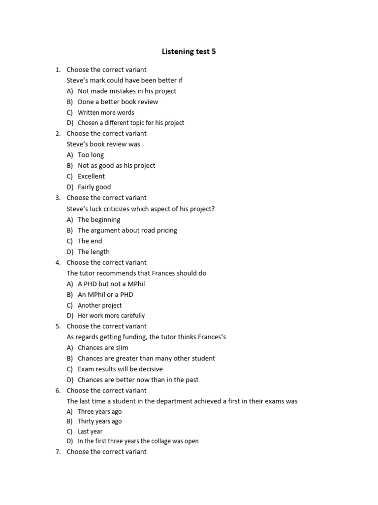 Listening Test 5: Multiple Choice Questions | PDF