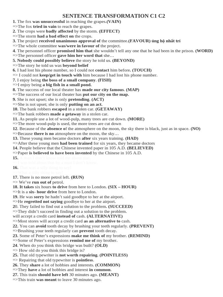 C1 Sentence Transformation Examples | PDF