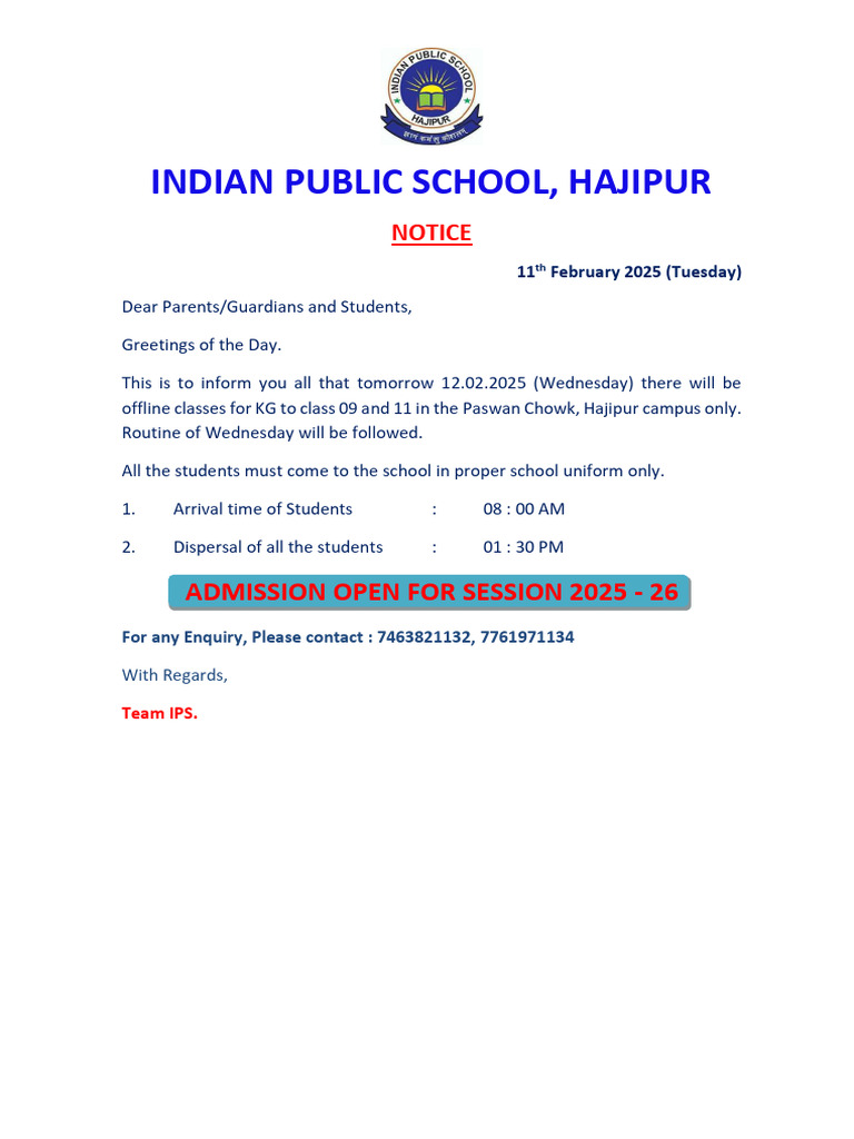 IPS Hajipur Notice: Offline Classes Update | PDF