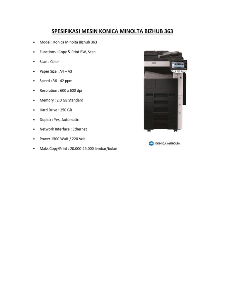 Spesifikasi Mesin Konica Minolta Bizhub 363 | PDF