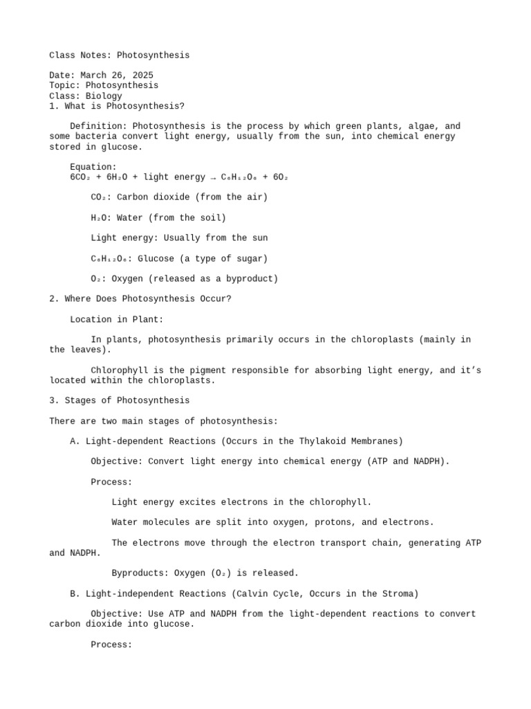 Class Notes Photosynthesis | PDF | Photosynthesis | Biology