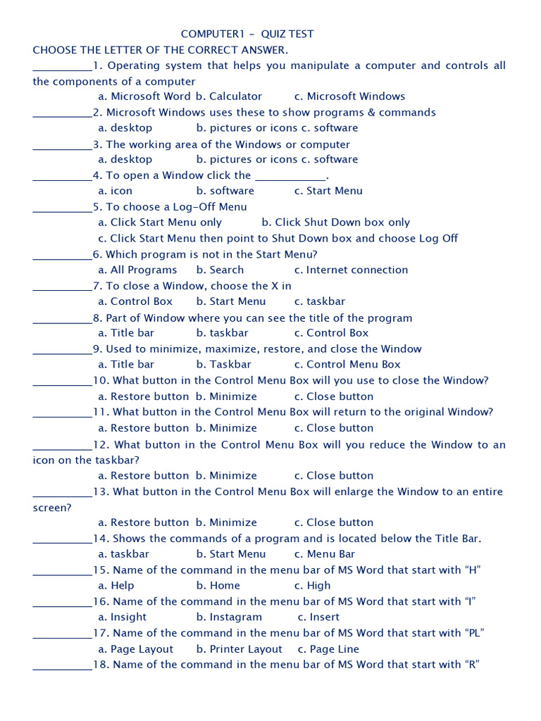 Microsoft Windows Quiz Questions | PDF | Window (Computing) | Button ...