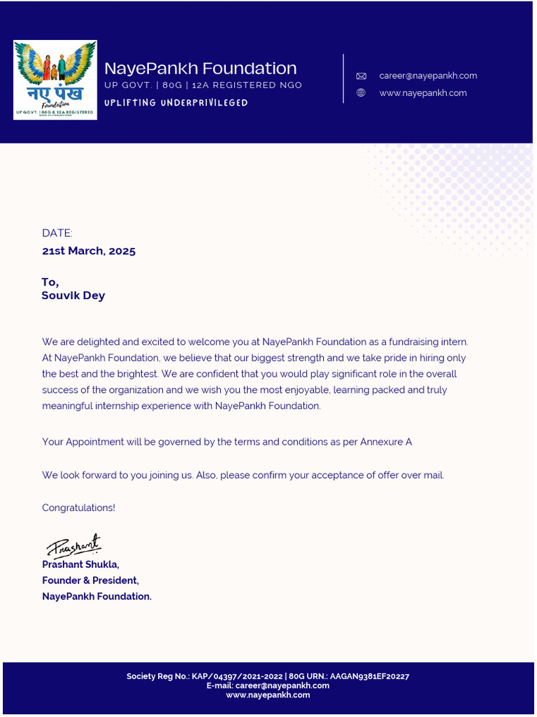 S1Fundraising Internship Offer Letter NayePankh Foundation | PDF