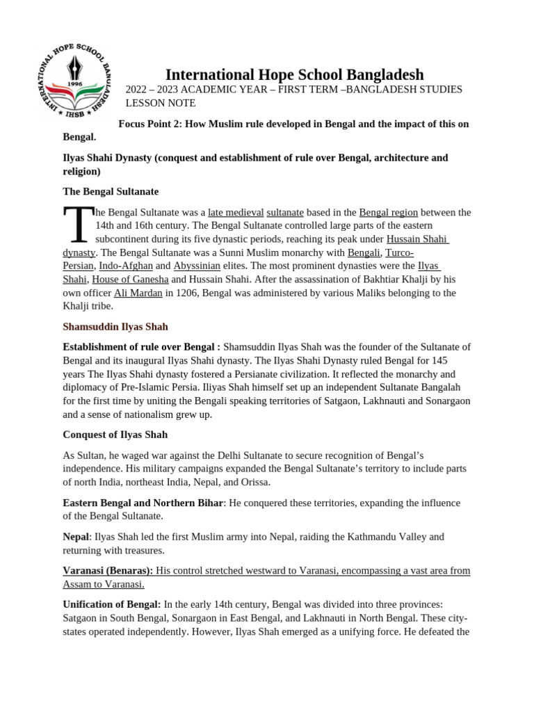 Class Note 2 Ilyas Shahi Dynasty | PDF | Bengal | Asia