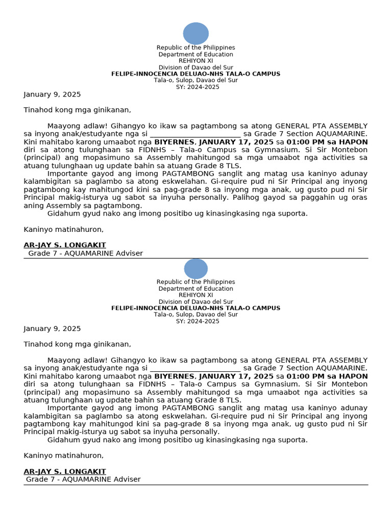 CEBUANO Communication Letter To Parents | PDF