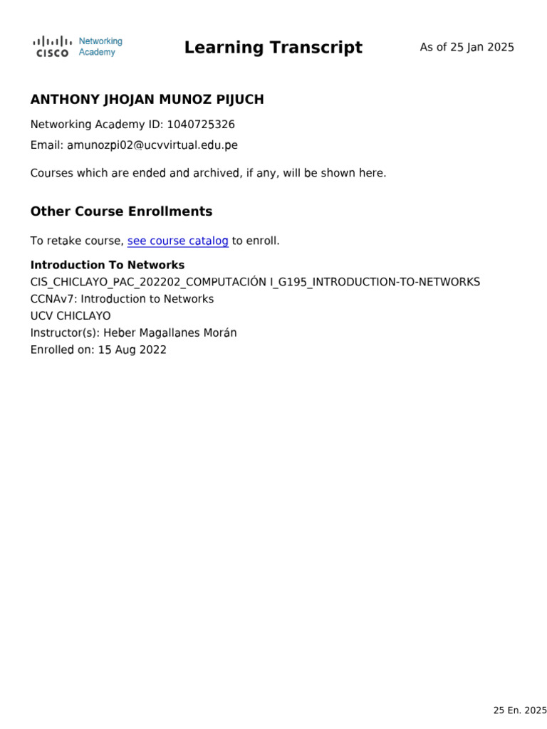 NetAcad Learning Transcript | PDF
