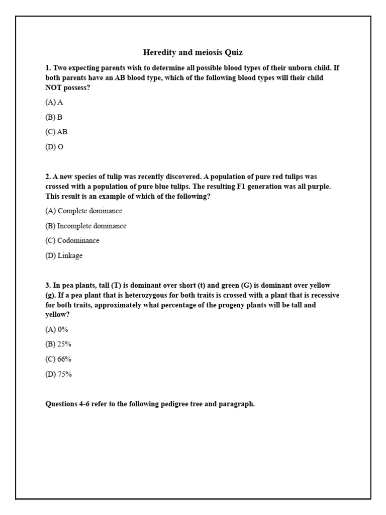 Heredity and Meiosis Quiz | PDF | Dominance (Genetics) | Zygosity