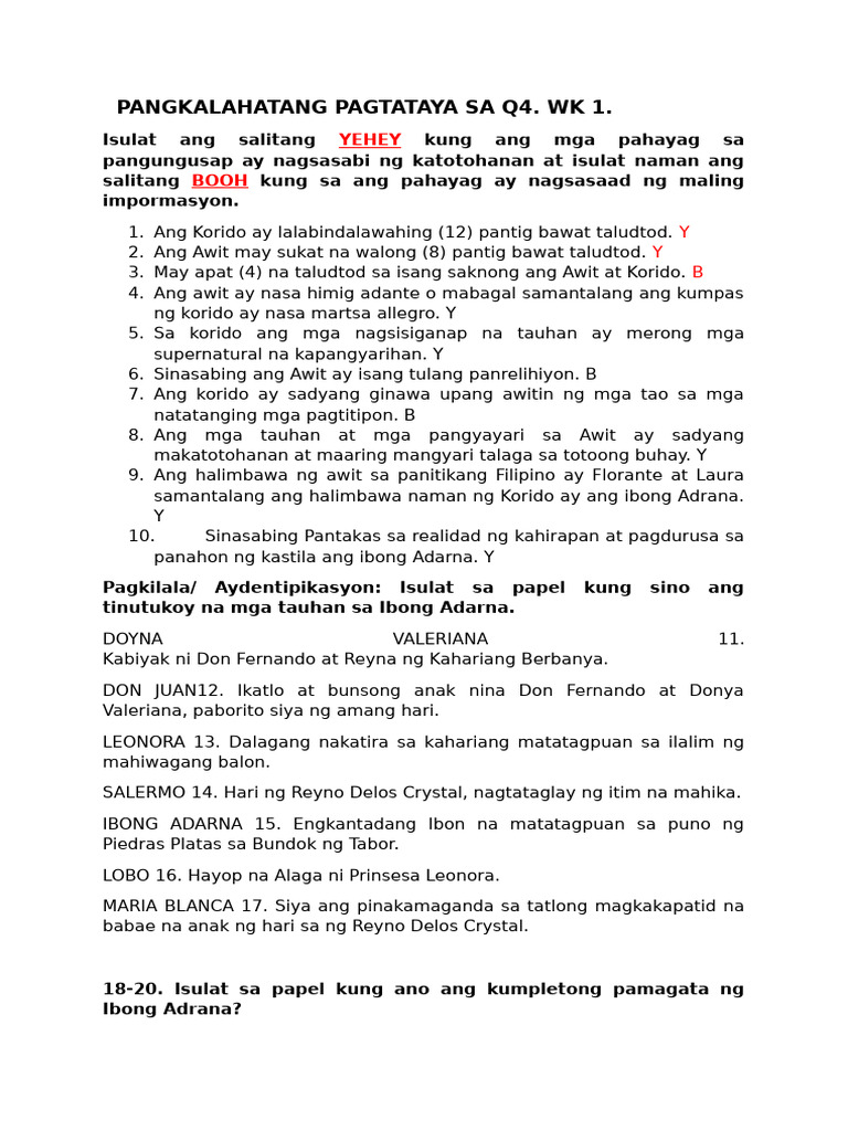 PANGKALAHATANG PAGTATAYA SA Q4. WK 1 | PDF