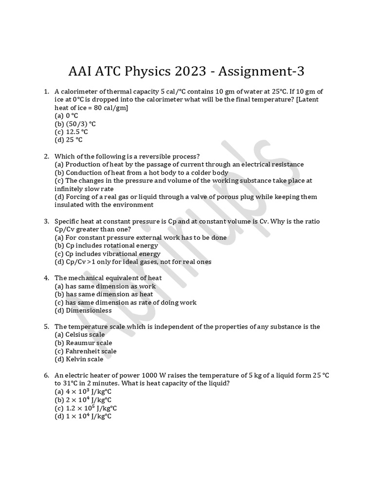 AAI ATC Physics 2023 - Assignment-3 | PDF | Temperature | Gases