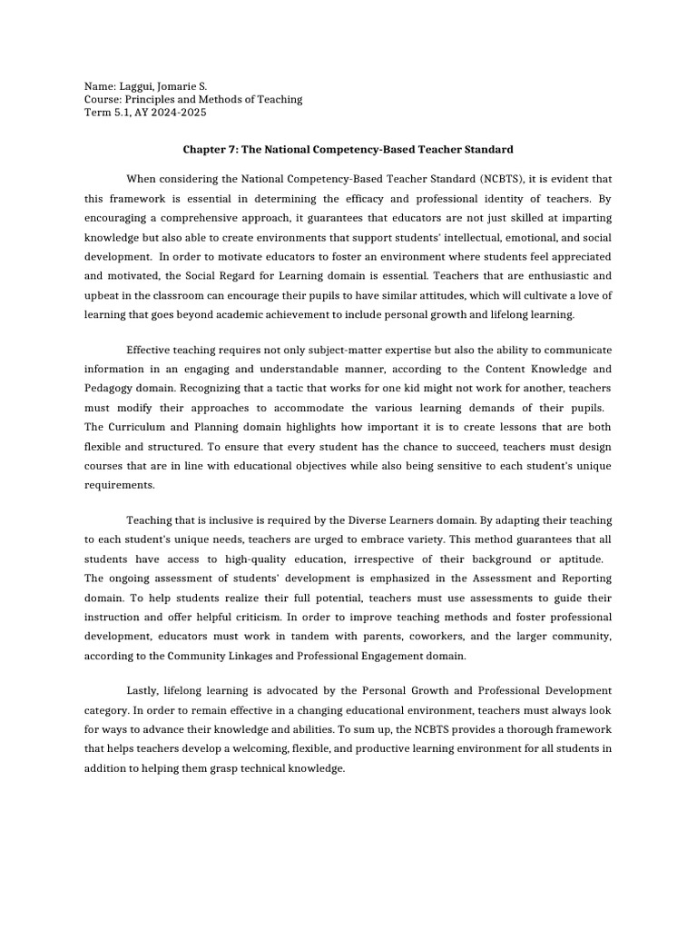 The National Competency-Based Teacher Standard - Laggui, Jomarie S. | PDF